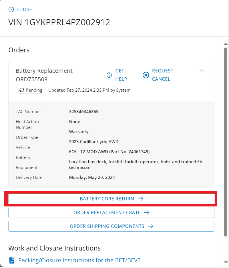 Scheduling Core Return Pickup – GM Ultium